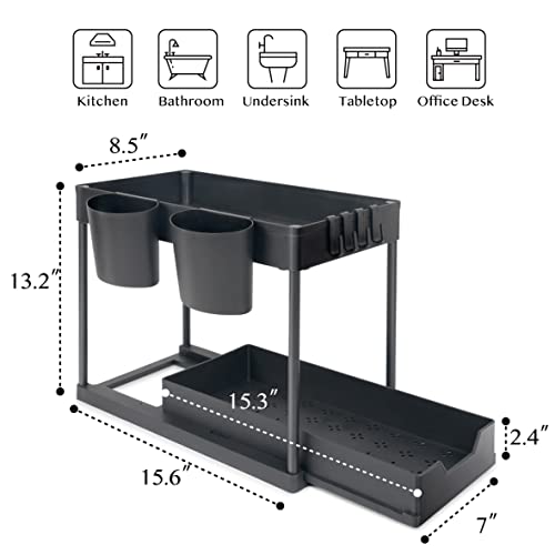 Sliding Cabinet Basket Organizer, 2 Tier Bathroom Under Sink Organizer and Storage, Kitchen Cabinet Organizers Baskets with 4 Hooks and 2 Hanging Cups