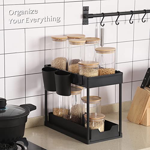 Sliding Cabinet Basket Organizer, 2 Tier Bathroom Under Sink Organizer and Storage, Kitchen Cabinet Organizers Baskets with 4 Hooks and 2 Hanging Cups