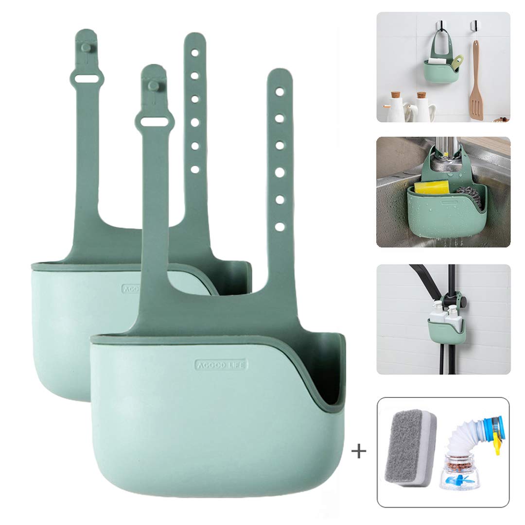 QQBB Kitchen Sink Caddy Sponge Holder,Telescopic Sink Storage Rack,Silicone Sponge Holder for Sink Hanging Ajustable Strap, Sink Caddy Kitchen Sink Organizer with Drain Holes for Drying(2pcs),Green