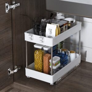 under sink organizers and storage, sibonyu kitchen organization with sliding storage drawer, 2 tier sliding under bathroom cabinet sink organizer，white multi-purpose under sink shelf organizer