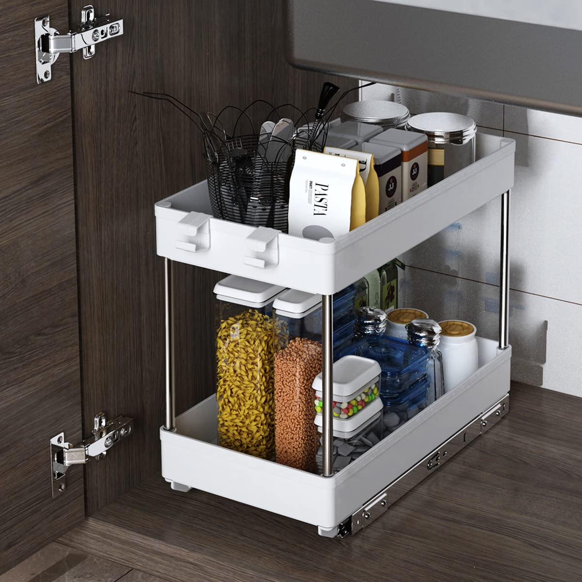 Under Sink Organizers and Storage, SIBONYU Kitchen Organization With Sliding Storage Drawer, 2 Tier Sliding Under Bathroom Cabinet Sink Organizer，White Multi-purpose Under Sink Shelf Organizer