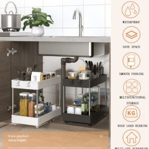 Under Sink Organizers and Storage, SIBONYU Kitchen Organization With Sliding Storage Drawer, 2 Tier Sliding Under Bathroom Cabinet Sink Organizer，White Multi-purpose Under Sink Shelf Organizer