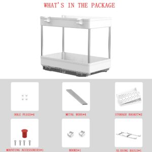 Under Sink Organizers and Storage, SIBONYU Kitchen Organization With Sliding Storage Drawer, 2 Tier Sliding Under Bathroom Cabinet Sink Organizer，White Multi-purpose Under Sink Shelf Organizer