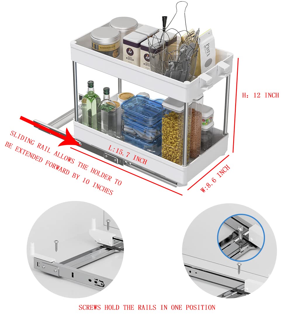 Under Sink Organizers and Storage, SIBONYU Kitchen Organization With Sliding Storage Drawer, 2 Tier Sliding Under Bathroom Cabinet Sink Organizer，White Multi-purpose Under Sink Shelf Organizer