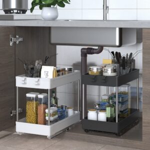 Under Sink Organizers and Storage, SIBONYU Kitchen Organization With Sliding Storage Drawer, 2 Tier Sliding Under Bathroom Cabinet Sink Organizer，White Multi-purpose Under Sink Shelf Organizer