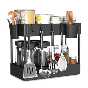 axbima 2 tier under sink organizer, under bathroom sink storage, under kitchen sink shelf rack with 2 hanging cups & hooks for cabinet countertop bathroom laundry garages (black)