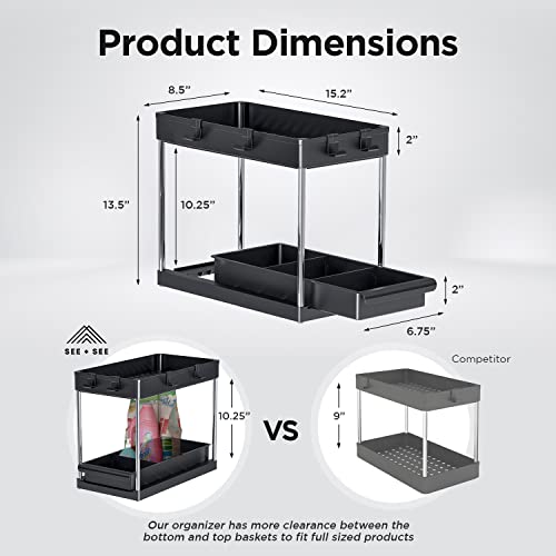 2-Tier Undersink Organizer, Cabinet Storage for Kitchen and Bathroom, Sliding Drawer Storage Organizer, With Adjustable Hooks, Dividers, External Handles, Multi-Purpose Undersink Storage Shelf-2 Pack