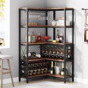 tribesigns large corner wine rack, 5-tier l shaped industrial freestanding floor bar cabinets for liquor and glasses storage, wooden wine bottle holder shelf for home kitchen (rustic brown)