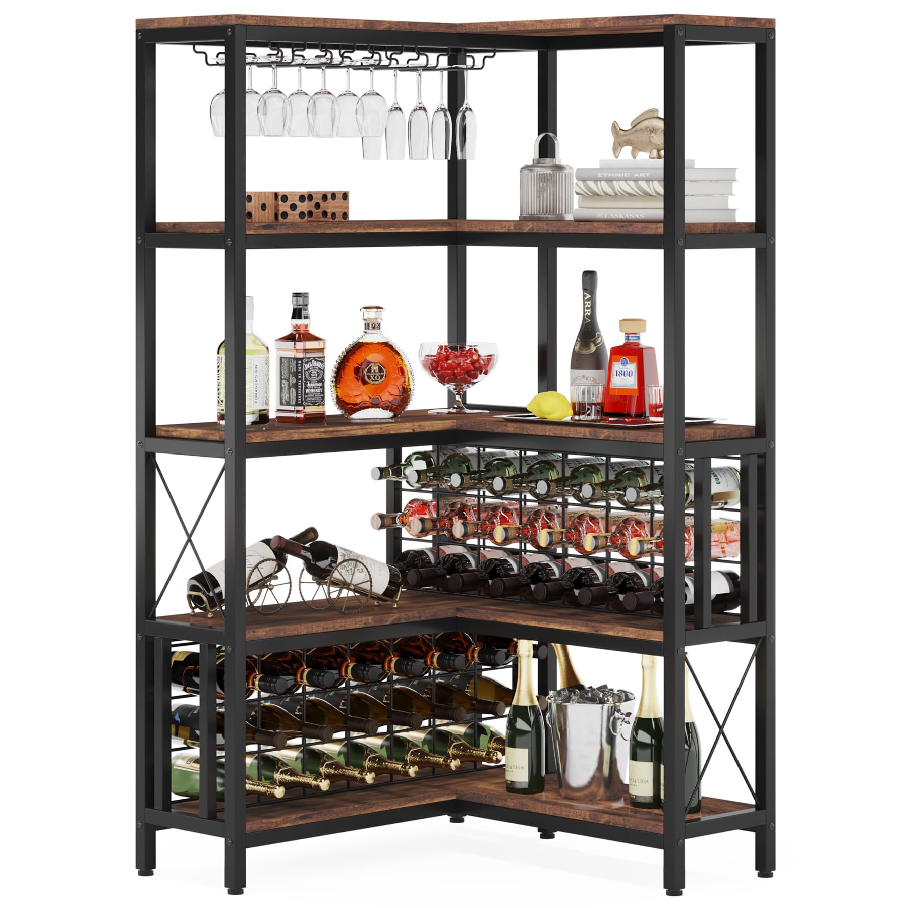 Tribesigns Large Corner Wine Rack, 5-Tier L Shaped Industrial Freestanding Floor Bar Cabinets for Liquor and Glasses Storage, Wooden Wine Bottle Holder Shelf for Home Kitchen (Rustic Brown)