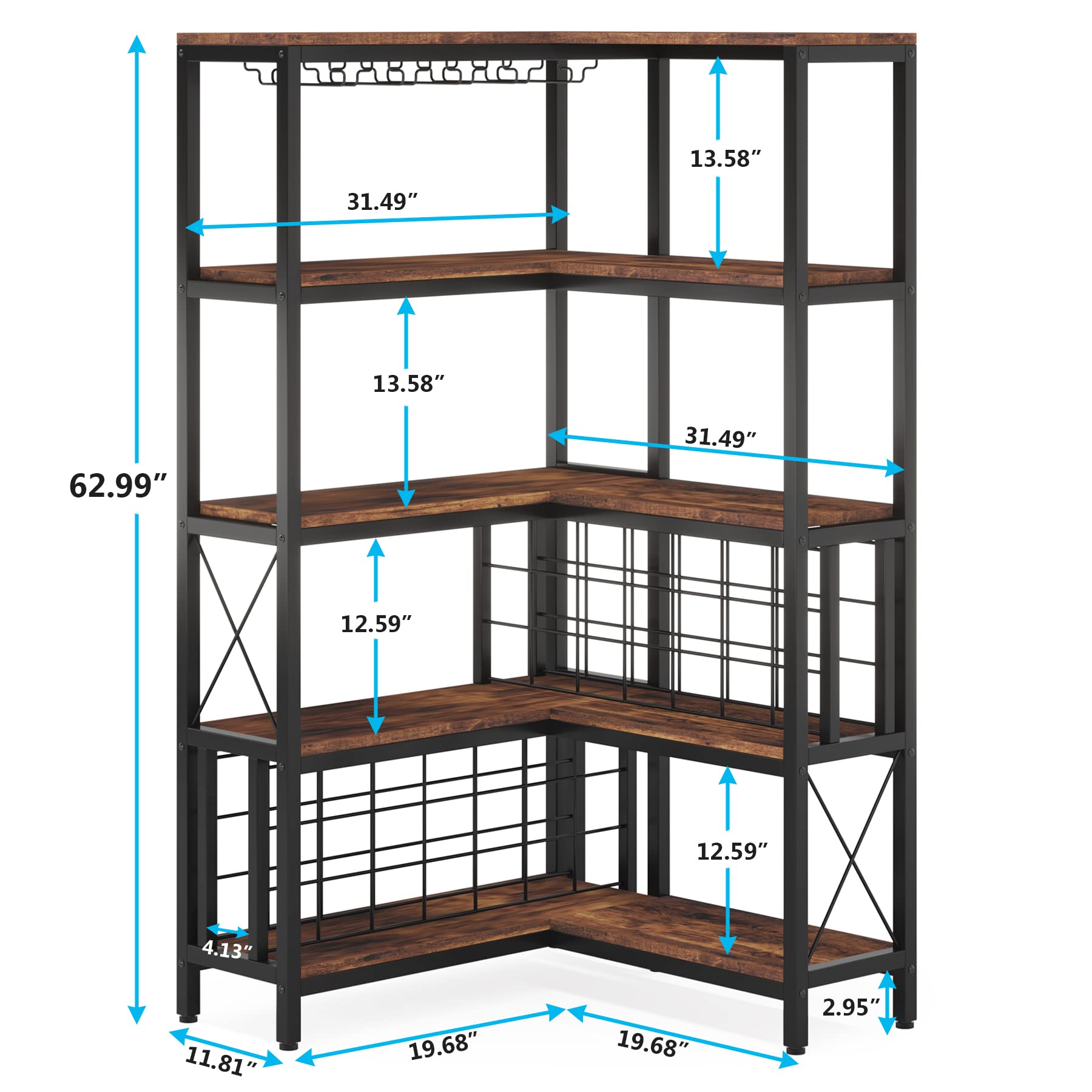 Tribesigns Large Corner Wine Rack, 5-Tier L Shaped Industrial Freestanding Floor Bar Cabinets for Liquor and Glasses Storage, Wooden Wine Bottle Holder Shelf for Home Kitchen (Rustic Brown)