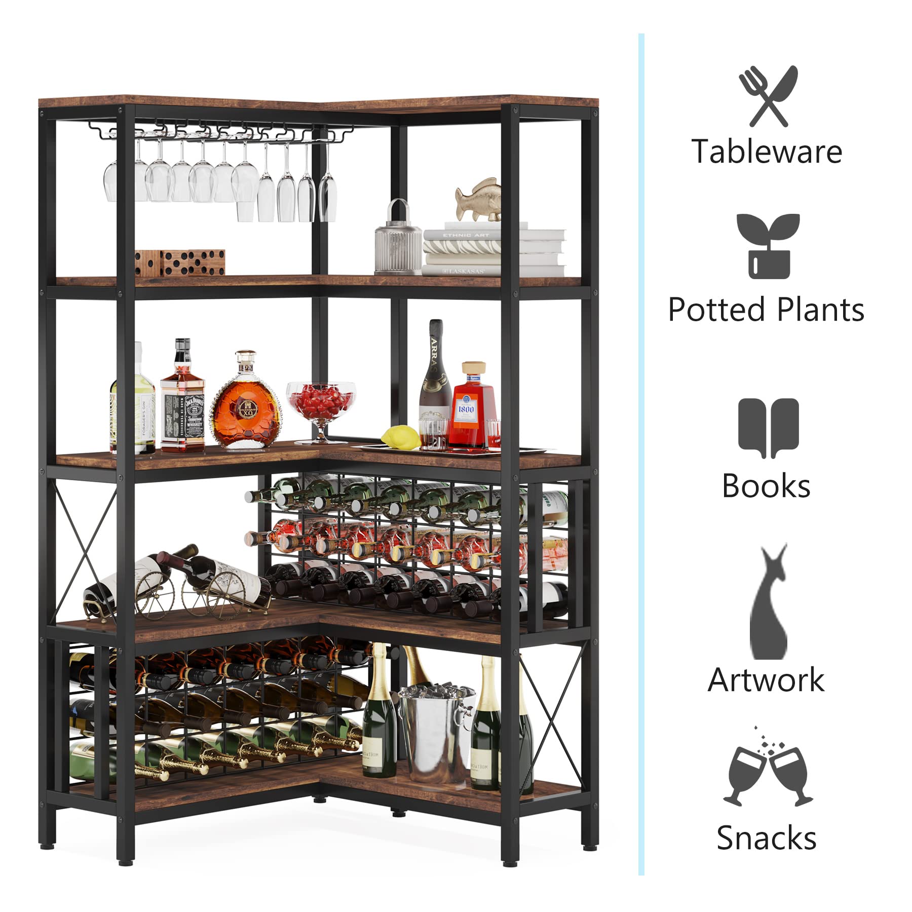 Tribesigns Large Corner Wine Rack, 5-Tier L Shaped Industrial Freestanding Floor Bar Cabinets for Liquor and Glasses Storage, Wooden Wine Bottle Holder Shelf for Home Kitchen (Rustic Brown)