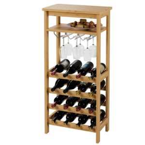 bamboo wine rack, wine rack freestanding floor with glass holder rack, tabletop & 16 bottles holder, wine display storage stand for kitchen, office, bar