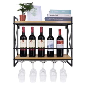 vintage metal wine rack wall mounted with 5 stem glass holder,industrial black wine rack wall decor, 2-tiers wall storage shelves floating shelves,wooden hanging wine rack drying rack