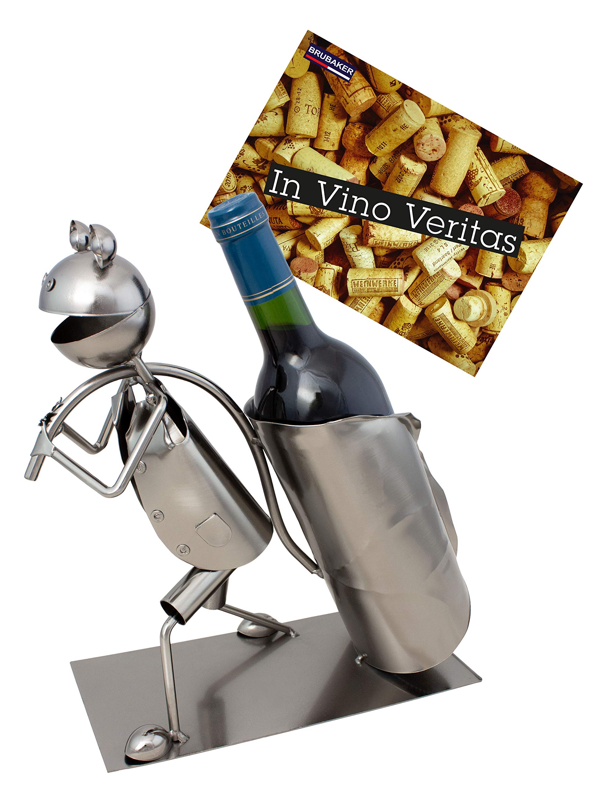 BRUBAKER Wine Bottle Holder 'Frog' - Table Top Metal Sculpture - with Greeting Card