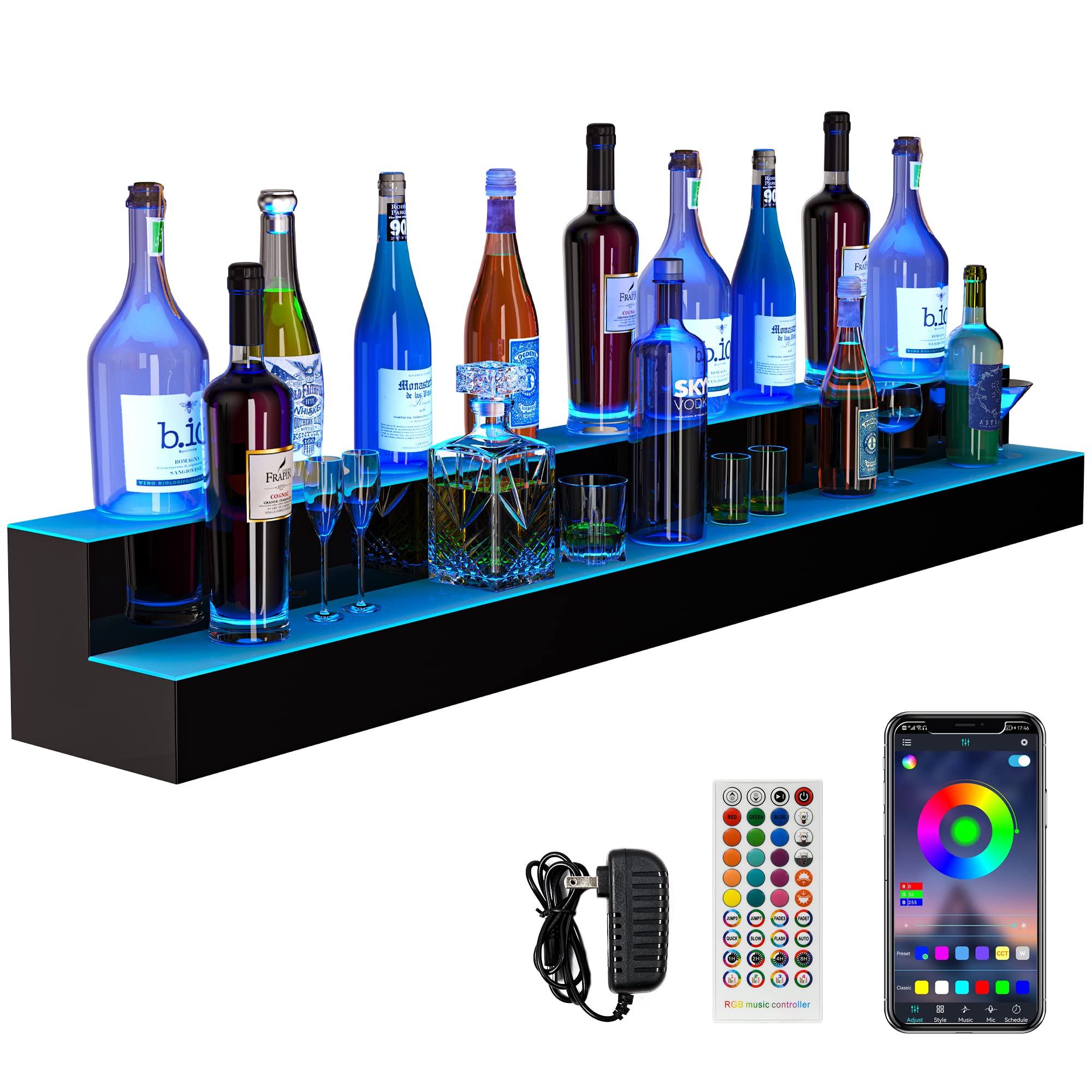 YITAHOME LED Lighted Liquor Bottle Display Shelves 2-Step 60-inch, Bar Liquor Alcohol Wine Holder Display Shelf for Home Counter Party, Acrylic Mounted Whiskey Rack Stand with Remote & App Control