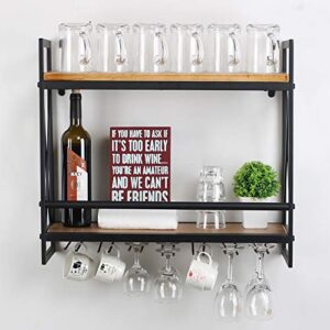 mbqq rustic wall mounted wine racks with 6 stem glass holder,23.6in industrial metal hanging wine rack,2-tiers wood shelf floating shelves,home room living room kitchen decor display rack