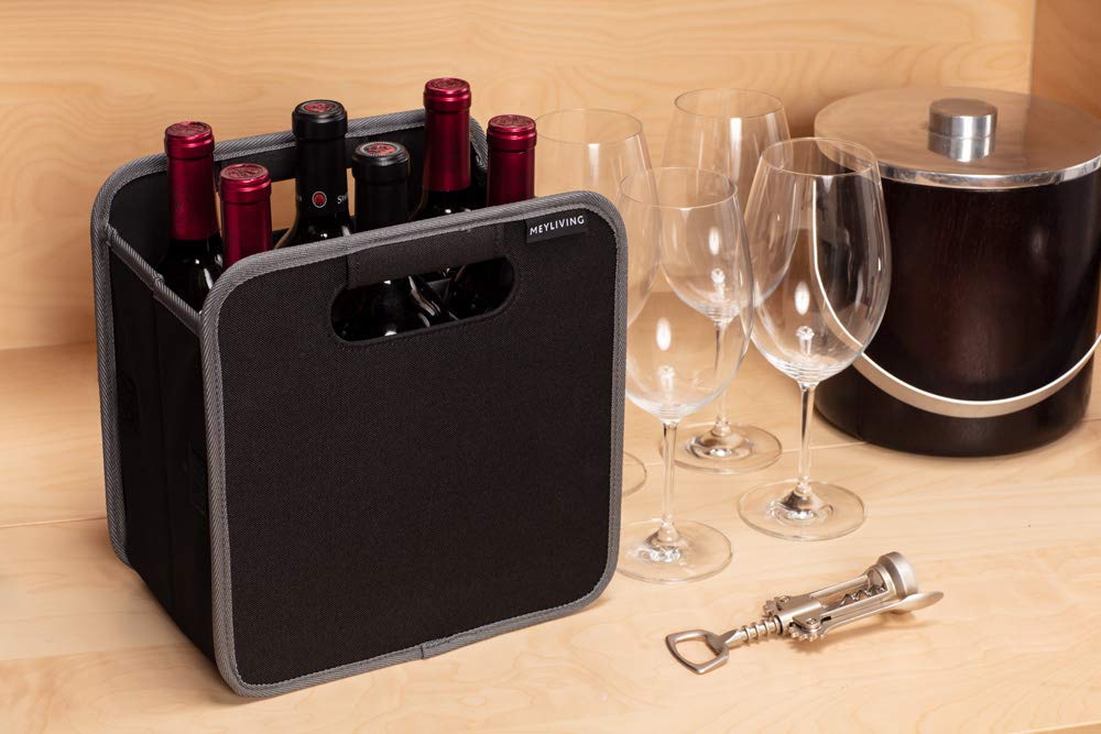 MeyLiving Wine Carrier Storage Liquor Picnic Hostess Gift Collapsible 7.1x10.4x10.8inches, 1-Pack / 6-Bottle, Lava Black