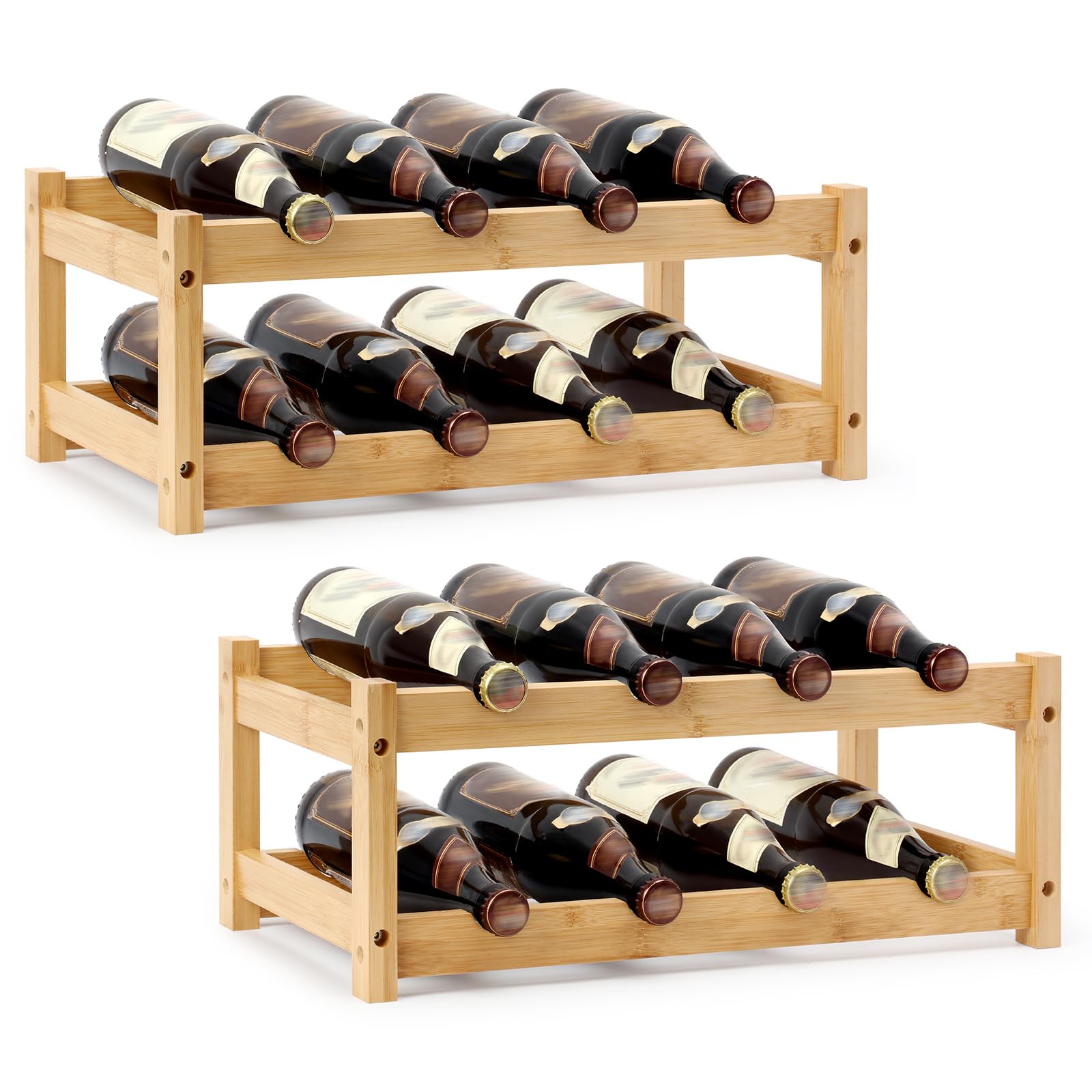 Maitys 2 Pieces Wine Rack Standing 8 Bottle 2 Tier Wine Rack Countertop Bamboo Wine Bottle Holder Wooden Wine Shelf Wine Stand for Kitchen Bar Cellar Basement Tabletop Display Cabinet Decor