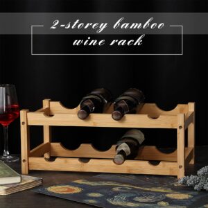 Maitys 2 Pieces Wine Rack Standing 8 Bottle 2 Tier Wine Rack Countertop Bamboo Wine Bottle Holder Wooden Wine Shelf Wine Stand for Kitchen Bar Cellar Basement Tabletop Display Cabinet Decor