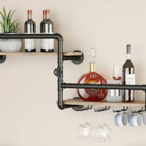 Wine Rack Wall Mounted 2 Tier,43.3" Rustic Wine Bottle Glass Hanging Floating Liquor Bar Shelves with 4 Stem Glass Holder, Industrial Modern Kitchen Dining Room Coffee Bar Black (43.3"Lx17.7"Hx9.3"W)