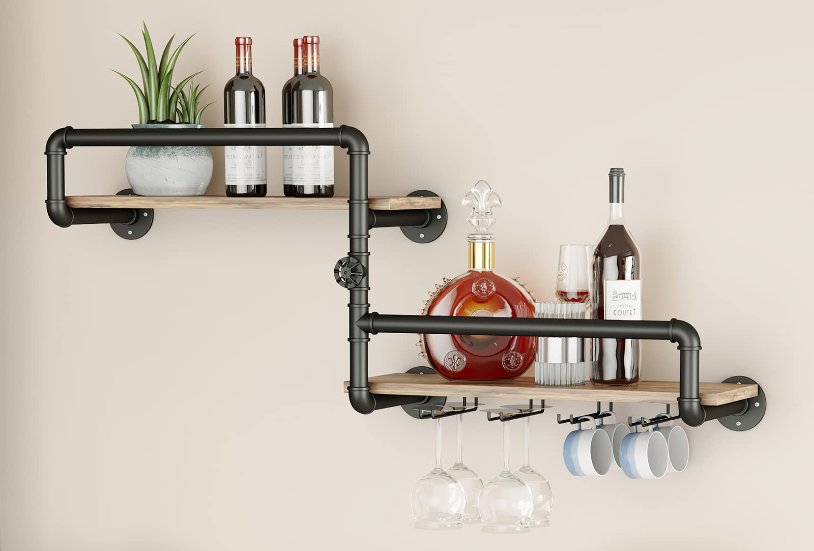 Wine Rack Wall Mounted 2 Tier,43.3" Rustic Wine Bottle Glass Hanging Floating Liquor Bar Shelves with 4 Stem Glass Holder, Industrial Modern Kitchen Dining Room Coffee Bar Black (43.3"Lx17.7"Hx9.3"W)