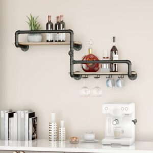 Wine Rack Wall Mounted 2 Tier,43.3" Rustic Wine Bottle Glass Hanging Floating Liquor Bar Shelves with 4 Stem Glass Holder, Industrial Modern Kitchen Dining Room Coffee Bar Black (43.3"Lx17.7"Hx9.3"W)