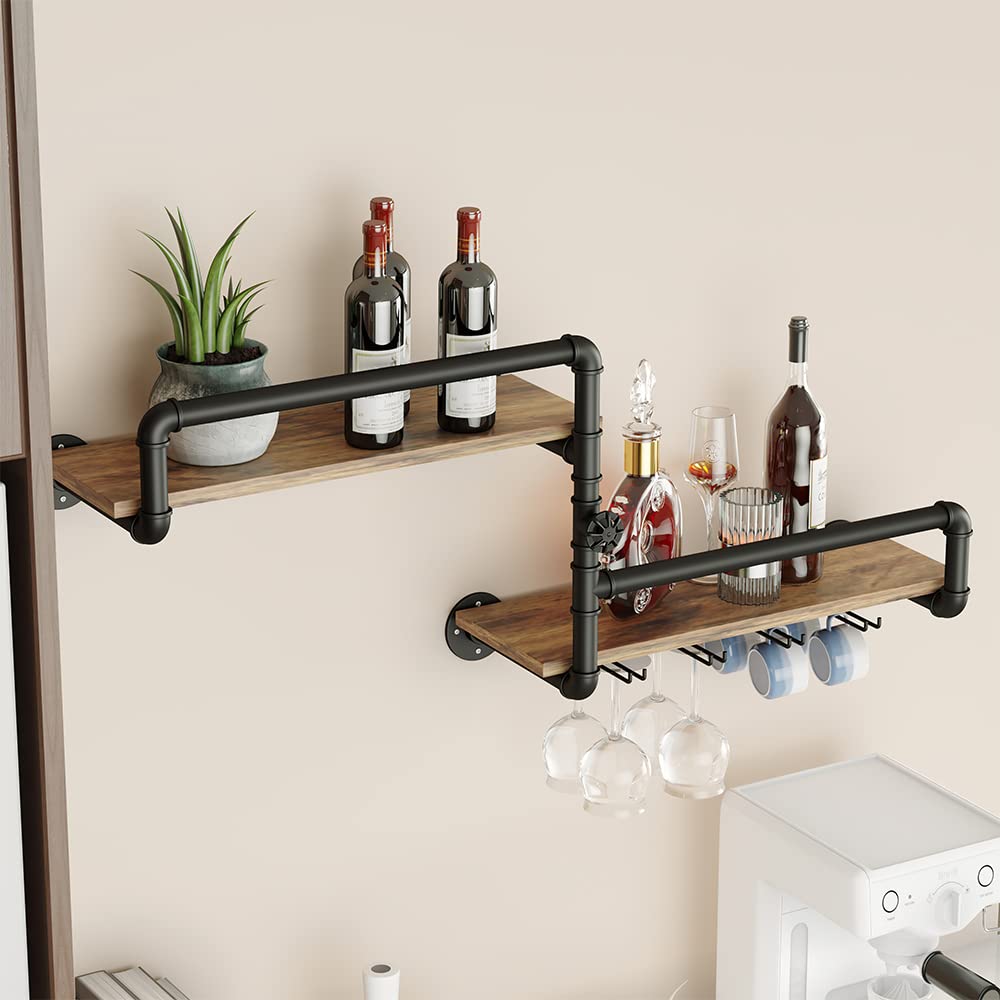 Wine Rack Wall Mounted 2 Tier,43.3" Rustic Wine Bottle Glass Hanging Floating Liquor Bar Shelves with 4 Stem Glass Holder, Industrial Modern Kitchen Dining Room Coffee Bar Black (43.3"Lx17.7"Hx9.3"W)