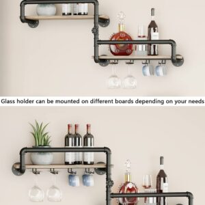 Wine Rack Wall Mounted 2 Tier,43.3" Rustic Wine Bottle Glass Hanging Floating Liquor Bar Shelves with 4 Stem Glass Holder, Industrial Modern Kitchen Dining Room Coffee Bar Black (43.3"Lx17.7"Hx9.3"W)