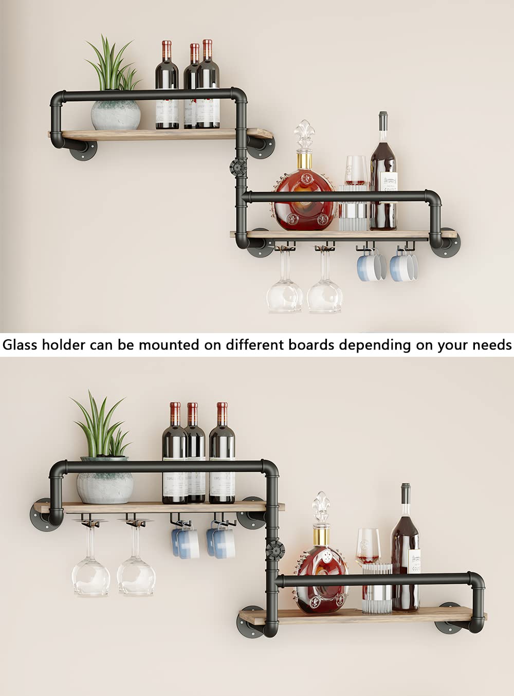 Wine Rack Wall Mounted 2 Tier,43.3" Rustic Wine Bottle Glass Hanging Floating Liquor Bar Shelves with 4 Stem Glass Holder, Industrial Modern Kitchen Dining Room Coffee Bar Black (43.3"Lx17.7"Hx9.3"W)