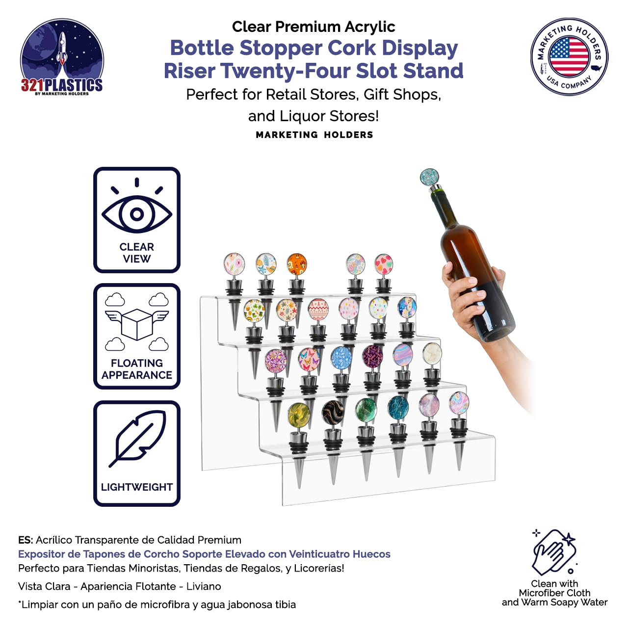 Marketing Holders Wine Bottle Topper Liquor Pourer Display Stand Multi Level 24 Slot Rack with .75 Inch Wide Holes Clear Acrylic Riser 11.5 Inch Wide by 10 Inch Deep Retail Countertop Showcase