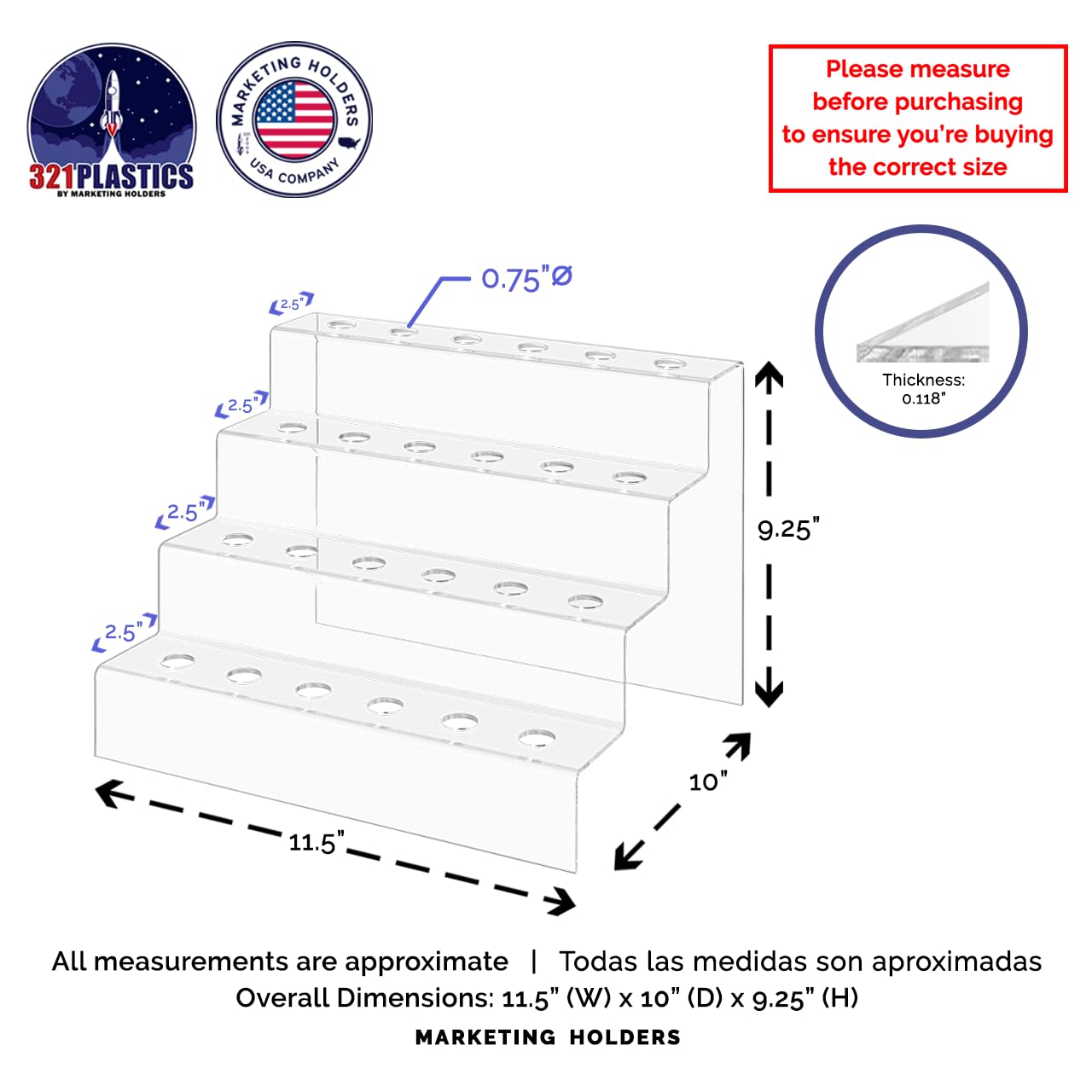 Marketing Holders Wine Bottle Topper Liquor Pourer Display Stand Multi Level 24 Slot Rack with .75 Inch Wide Holes Clear Acrylic Riser 11.5 Inch Wide by 10 Inch Deep Retail Countertop Showcase