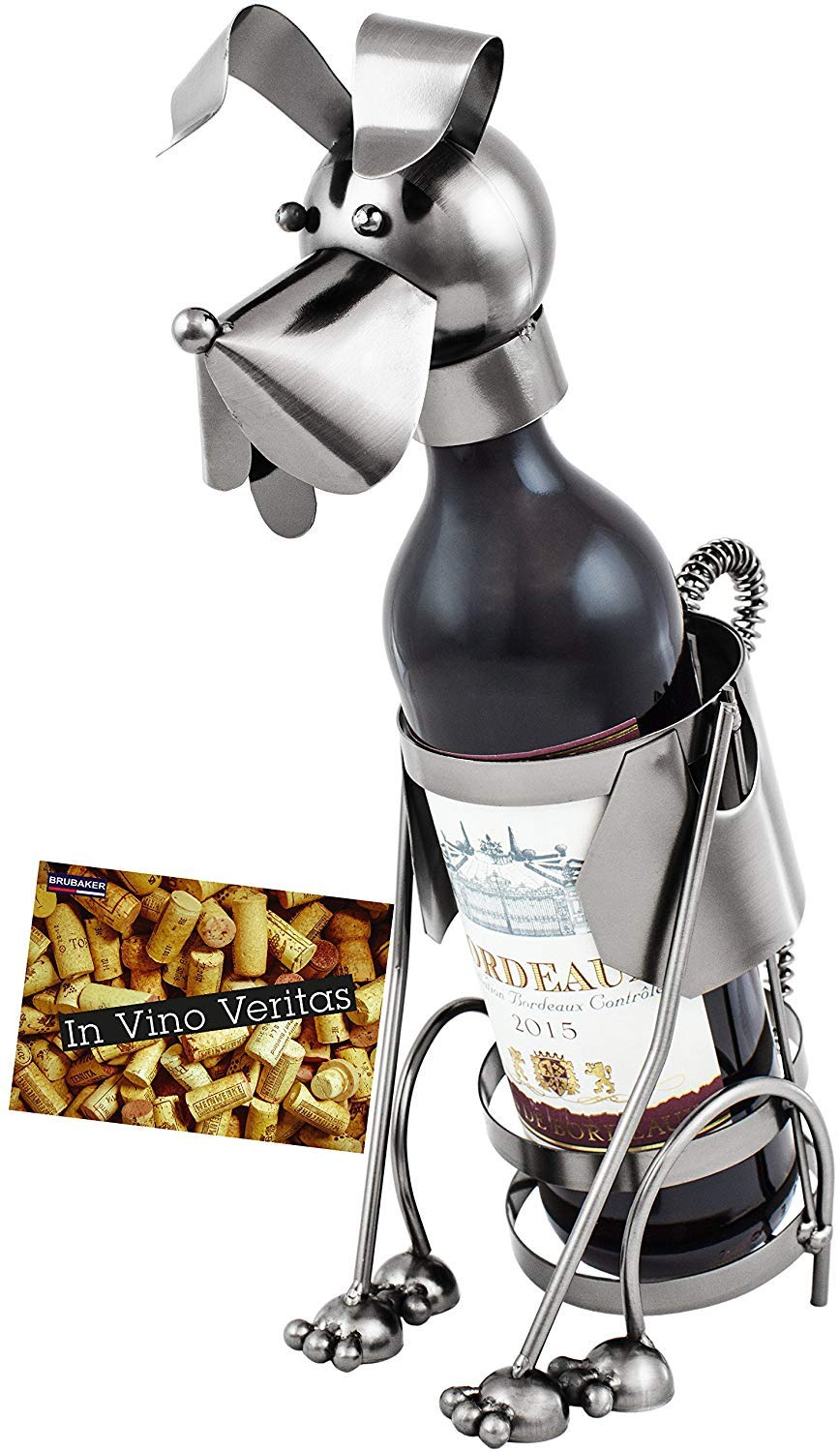 BRUBAKER Wine Bottle Holder 'Dog' - Table Top Metal Sculpture - with Greeting Card