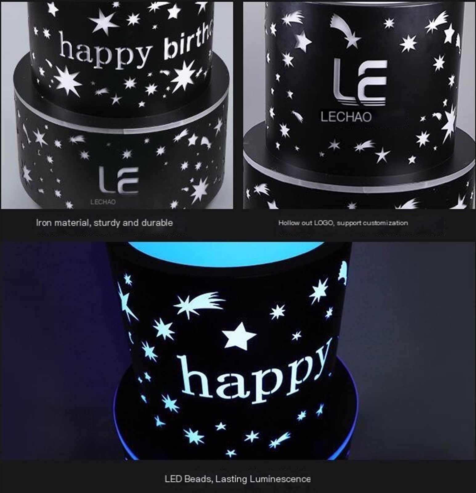 Birthday Cake Three-Tier Champagne Sparklers Bottle Wine Rack Atmosphere Props，Glow Custom Logo Rechargeable Color Flashing，Nightclub Disco Party (Color : RGB, Size : 105 * 60cm)