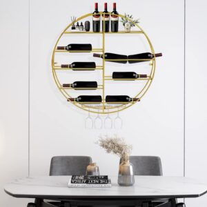 Gdrasuya10 Gold Wall Mounted Wine Racks Modern Metal Hanging Wine Bottle Holder Shelf for 12 Bottles and 4 Glass Cups Round Multipurpose Wine Storage Display Rack for Home Bar Dining Room Kitchen