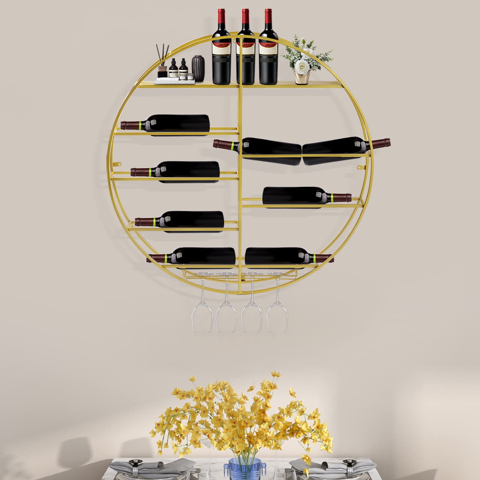 Gdrasuya10 Gold Wall Mounted Wine Racks Modern Metal Hanging Wine Bottle Holder Shelf for 12 Bottles and 4 Glass Cups Round Multipurpose Wine Storage Display Rack for Home Bar Dining Room Kitchen