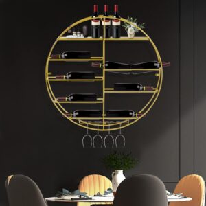 Gdrasuya10 Gold Wall Mounted Wine Racks Modern Metal Hanging Wine Bottle Holder Shelf for 12 Bottles and 4 Glass Cups Round Multipurpose Wine Storage Display Rack for Home Bar Dining Room Kitchen