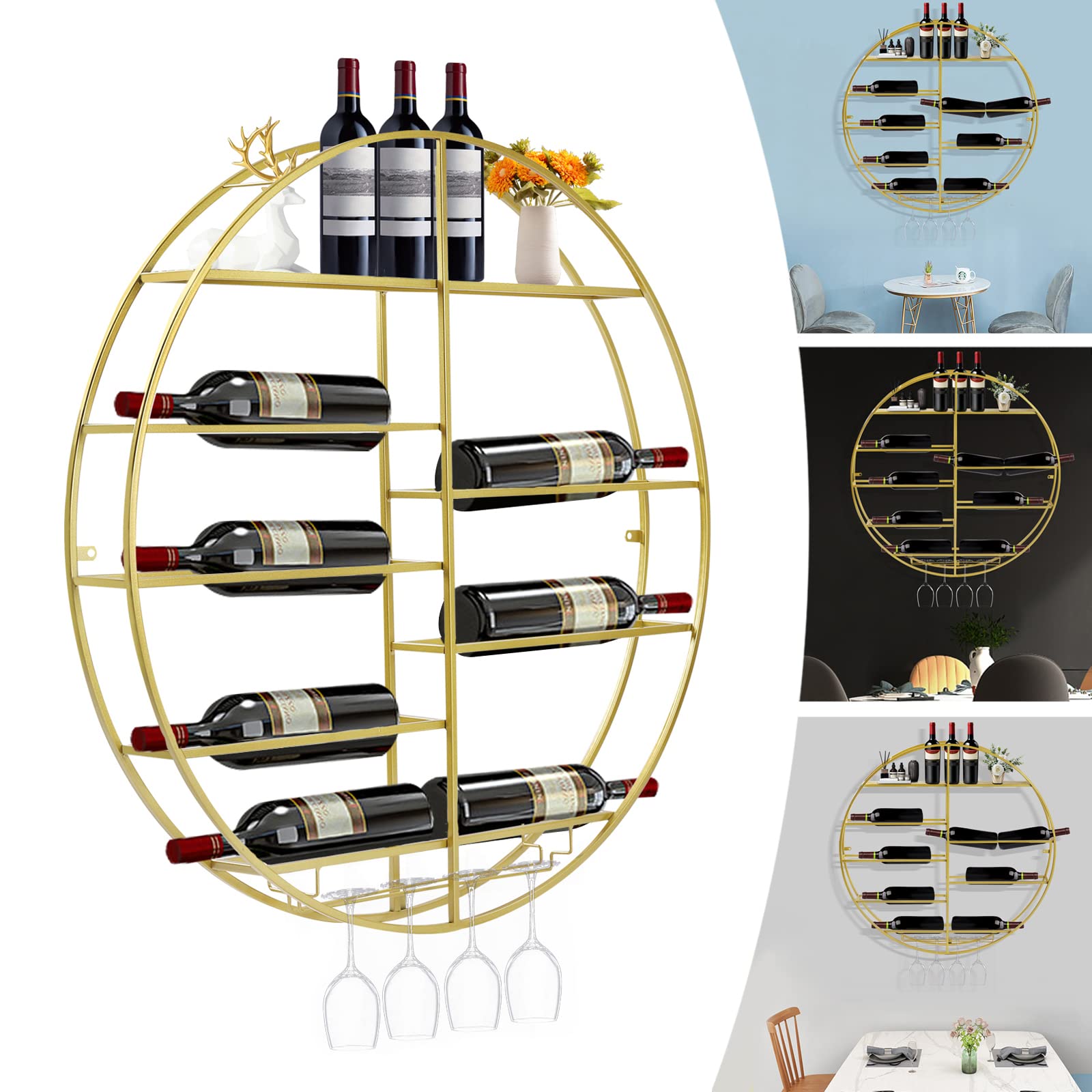 Gdrasuya10 Gold Wall Mounted Wine Racks Modern Metal Hanging Wine Bottle Holder Shelf for 12 Bottles and 4 Glass Cups Round Multipurpose Wine Storage Display Rack for Home Bar Dining Room Kitchen