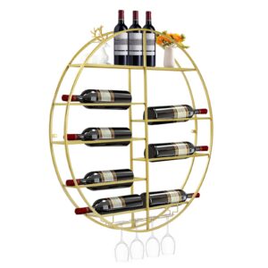 Gdrasuya10 Gold Wall Mounted Wine Racks Modern Metal Hanging Wine Bottle Holder Shelf for 12 Bottles and 4 Glass Cups Round Multipurpose Wine Storage Display Rack for Home Bar Dining Room Kitchen