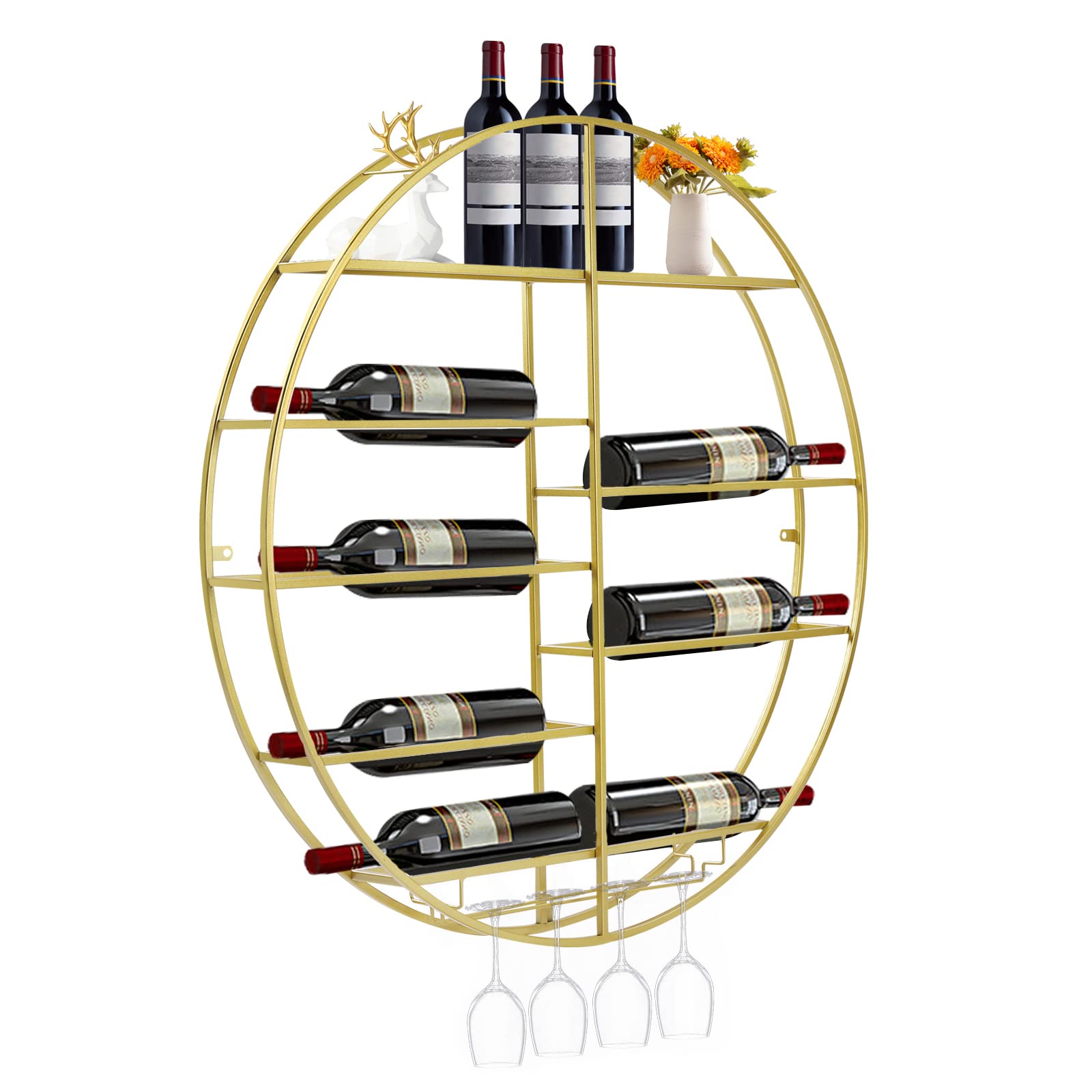 Gdrasuya10 Gold Wall Mounted Wine Racks Modern Metal Hanging Wine Bottle Holder Shelf for 12 Bottles and 4 Glass Cups Round Multipurpose Wine Storage Display Rack for Home Bar Dining Room Kitchen