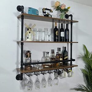 Wall Mounted Wine Rack with Bottle and Glass Storage, 3 Tier Wood Shelves and Cup Holders, Black