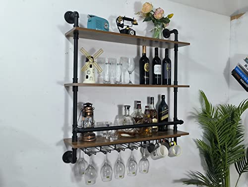 Wall Mounted Wine Rack with Bottle and Glass Storage, 3 Tier Wood Shelves and Cup Holders, Black