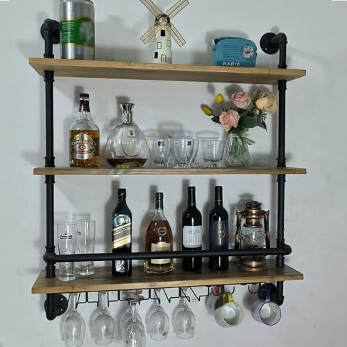 Wall Mounted Wine Rack with Bottle and Glass Storage, 3 Tier Wood Shelves and Cup Holders, Black