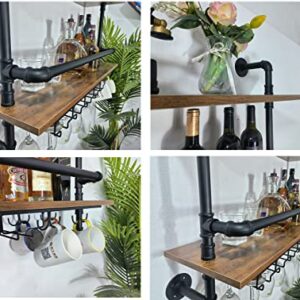 Wall Mounted Wine Rack with Bottle and Glass Storage, 3 Tier Wood Shelves and Cup Holders, Black