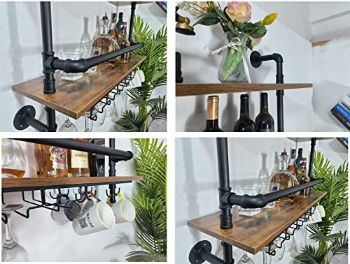 Wall Mounted Wine Rack with Bottle and Glass Storage, 3 Tier Wood Shelves and Cup Holders, Black