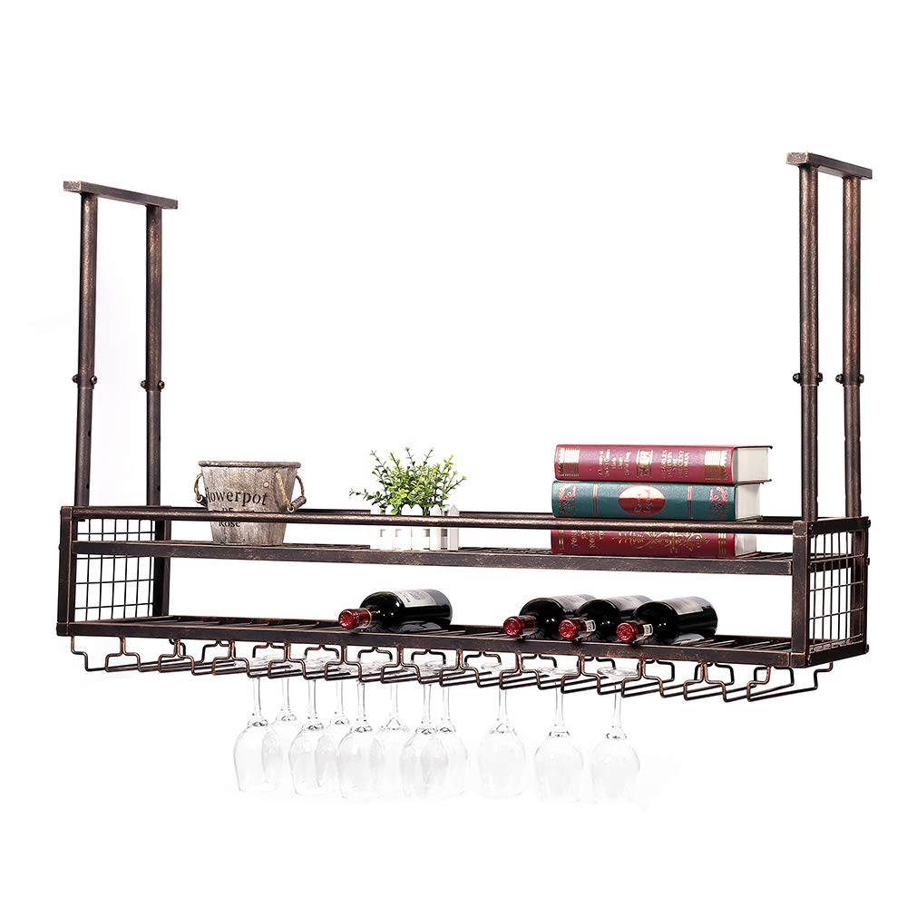 Industrial Hanging Wine Rack with Glass Holder and Shelf,Adjustable Ceiling Bar Wine Glass Rack,2-Layer Metal Wall Mounted Wine and Glass Rack,Iron Bottle Holder Wine Shelf(47.2in,Bronze)