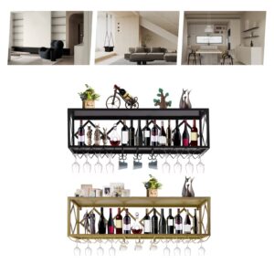 LiFuJunDong Wall-Mounted Bar Unit Floating Shelves Multifunctional Iron Bottle Holder Hanging Wine Rack with Partitions Inverted Wine Glass Rack for Bar Cafe Kitchen (Gold)