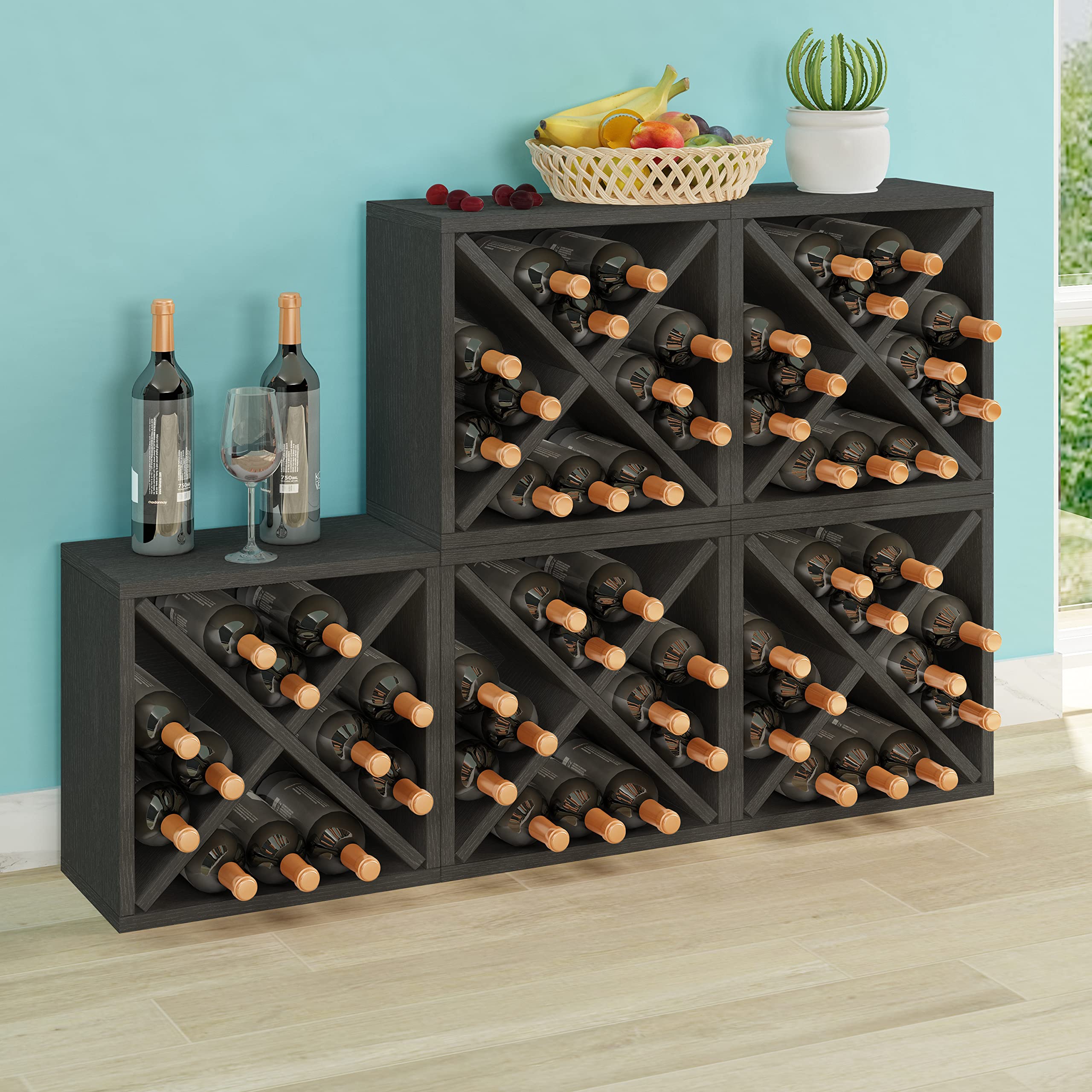 Way Basics Wine Rack Cube Stackable Bar Shelf (12 Bottle), Charcoal Black