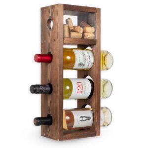 rustic state sonoma countertop wood vertical wine rack with cork storage - freestanding tabletop liquor holder shelf organizer - holds 3 bottles - home kitchen dining room bar décor - burnt brown