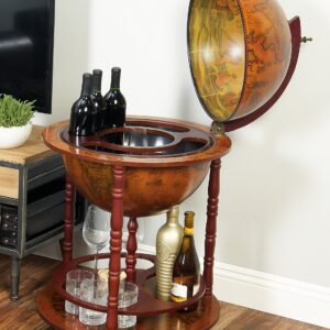 Deco 79 Wood Globe Rolling 14 Bottle Standing Wine Rack with Hidden Compartment, 22" x 22" x 37", Brown