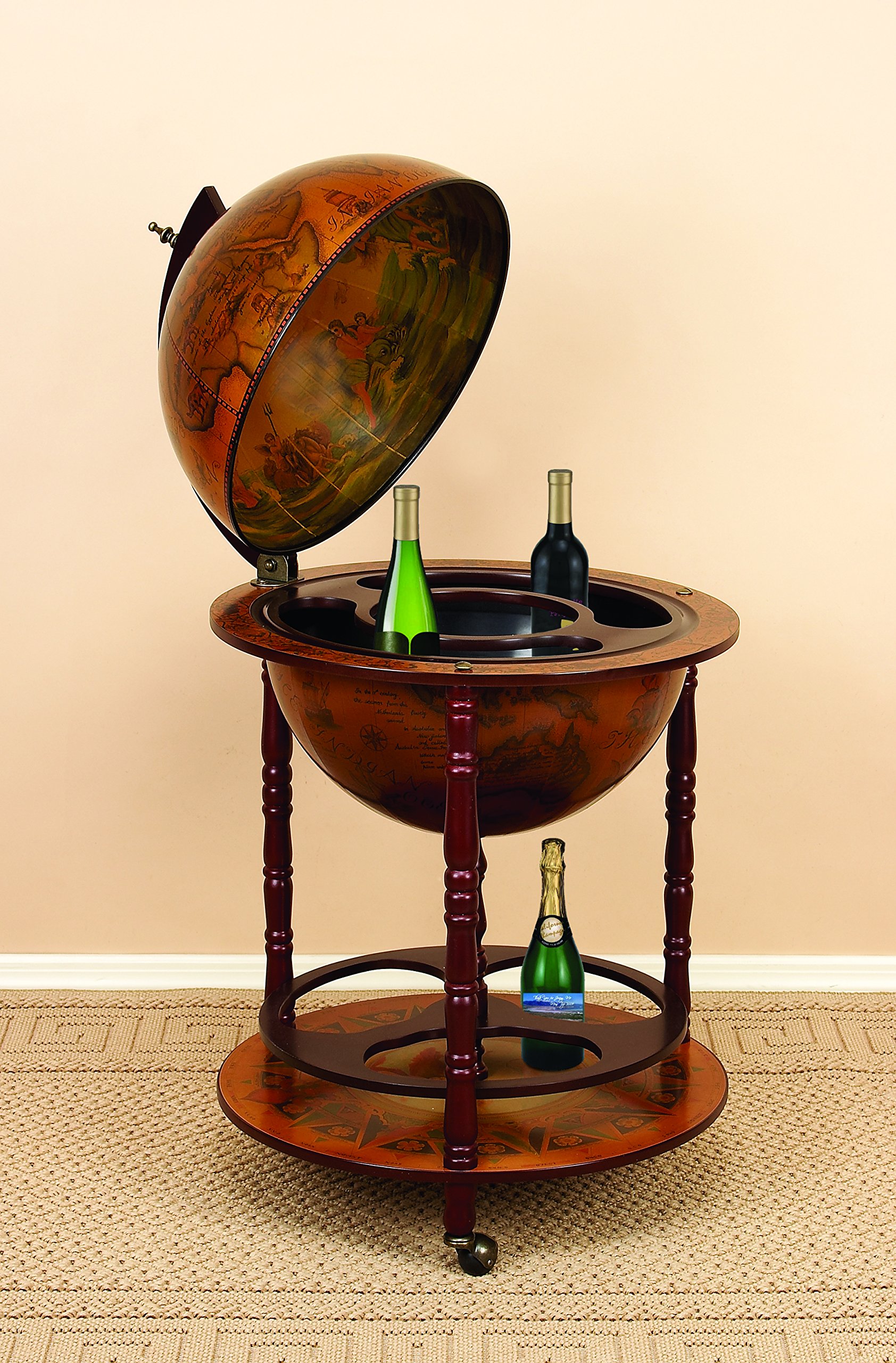 Deco 79 Wood Globe Rolling 14 Bottle Standing Wine Rack with Hidden Compartment, 22" x 22" x 37", Brown